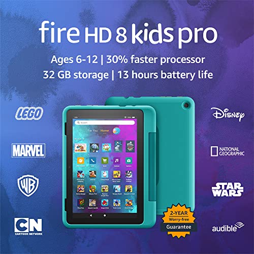 All-new Amazon Fire HD 8 Kids Pro tablet, 8" HD display, ages 6-12, 30% faster processor, 13 hours battery life, Kid-Friendly Case, 32 GB, (2022 release), Hello Teal