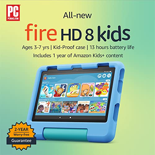 All-new Amazon Fire HD 8 Kids tablet, 8" HD display, ages 3-7, includes 2-year worry-free guarantee, Kid-Proof Case, 32 GB, (2022 release), Blue