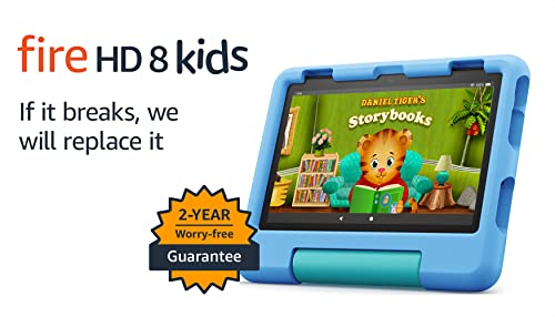 All-new Amazon Fire HD 8 Kids tablet, 8" HD display, ages 3-7, includes 2-year worry-free guarantee, Kid-Proof Case, 32 GB, (2022 release), Blue