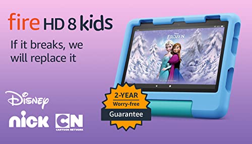 All-new Amazon Fire HD 8 Kids tablet, 8" HD display, ages 3-7, includes 2-year worry-free guarantee, Kid-Proof Case, 32 GB, (2022 release), Blue