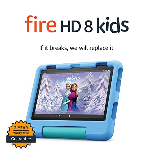 All-new Amazon Fire HD 8 Kids tablet, 8" HD display, ages 3-7, includes 2-year worry-free guarantee, Kid-Proof Case, 32 GB, (2022 release), Blue