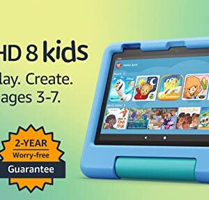 All-new Amazon Fire HD 8 Kids tablet, 8" HD display, ages 3-7, includes 2-year worry-free guarantee, Kid-Proof Case, 32 GB, (2022 release), Blue