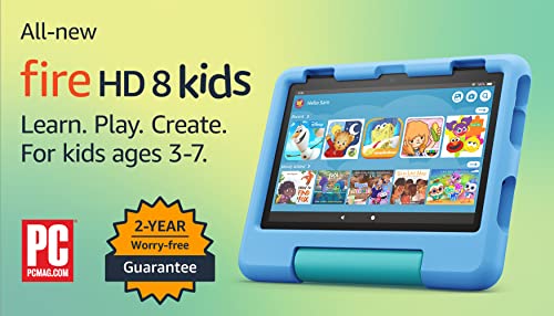 All-new Amazon Fire HD 8 Kids tablet, 8" HD display, ages 3-7, includes 2-year worry-free guarantee, Kid-Proof Case, 32 GB, (2022 release), Blue