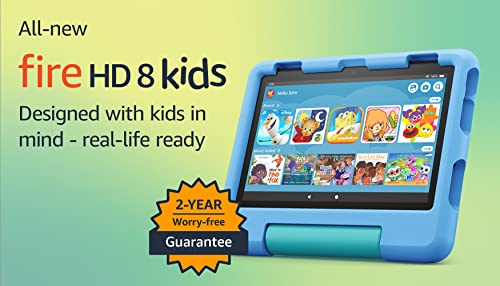 All-new Amazon Fire HD 8 Kids tablet, 8" HD display, ages 3-7, includes 2-year worry-free guarantee, Kid-Proof Case, 32 GB, (2022 release), Blue