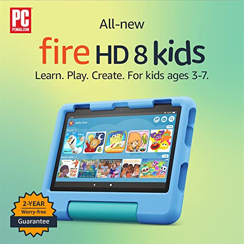 All-new Amazon Fire HD 8 Kids tablet, 8" HD display, ages 3-7, includes 2-year worry-free guarantee, Kid-Proof Case, 32 GB, (2022 release), Blue