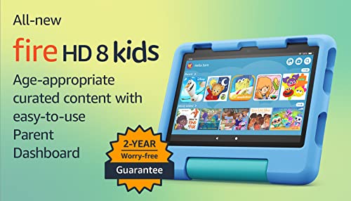 All-new Amazon Fire HD 8 Kids tablet, 8" HD display, ages 3-7, includes 2-year worry-free guarantee, Kid-Proof Case, 32 GB, (2022 release), Blue