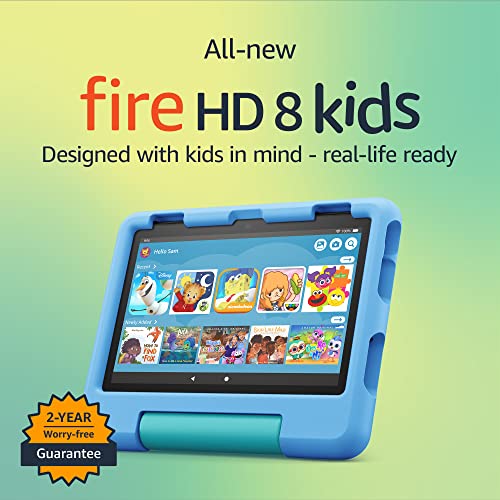 All-new Amazon Fire HD 8 Kids tablet, 8" HD display, ages 3-7, includes 2-year worry-free guarantee, Kid-Proof Case, 32 GB, (2022 release), Blue