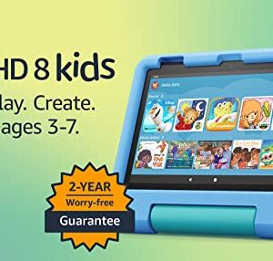 All-new Amazon Fire HD 8 Kids tablet, 8" HD display, ages 3-7, includes 2-year worry-free guarantee, Kid-Proof Case, 32 GB, (2022 release), Blue