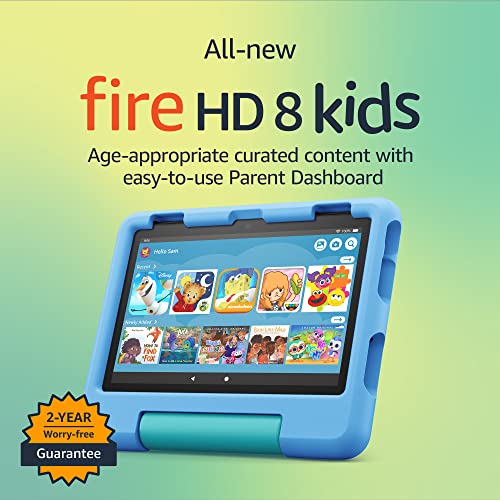 All-new Amazon Fire HD 8 Kids tablet, 8" HD display, ages 3-7, includes 2-year worry-free guarantee, Kid-Proof Case, 32 GB, (2022 release), Blue