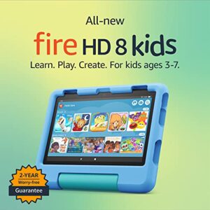 All-new Amazon Fire HD 8 Kids tablet, 8" HD display, ages 3-7, includes 2-year worry-free guarantee, Kid-Proof Case, 32 GB, (2022 release), Blue