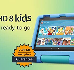 All-new Amazon Fire HD 8 Kids tablet, 8" HD display, ages 3-7, includes 2-year worry-free guarantee, Kid-Proof Case, 32 GB, (2022 release), Blue