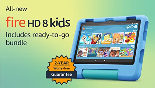 All-new Amazon Fire HD 8 Kids tablet, 8" HD display, ages 3-7, includes 2-year worry-free guarantee, Kid-Proof Case, 32 GB, (2022 release), Blue