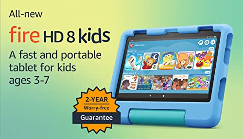 All-new Amazon Fire HD 8 Kids tablet, 8" HD display, ages 3-7, includes 2-year worry-free guarantee, Kid-Proof Case, 32 GB, (2022 release), Blue