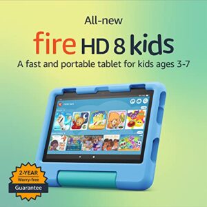 All-new Amazon Fire HD 8 Kids tablet, 8" HD display, ages 3-7, includes 2-year worry-free guarantee, Kid-Proof Case, 32 GB, (2022 release), Blue