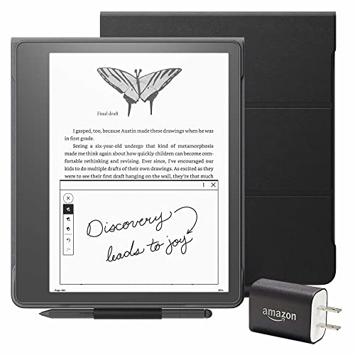 Kindle Scribe Essentials Bundle including Kindle Scribe (64 GB), Premium Pen, Leather Folio Cover with Magnetic Attach - Black, and Power Adapter