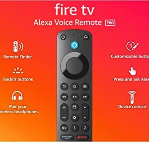 Introducing Alexa Voice Remote Pro, includes remote finder, TV controls, backlit buttons, requires compatible Fire TV device