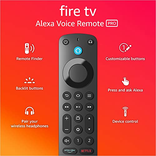 Introducing Alexa Voice Remote Pro, includes remote finder, TV controls, backlit buttons, requires compatible Fire TV device