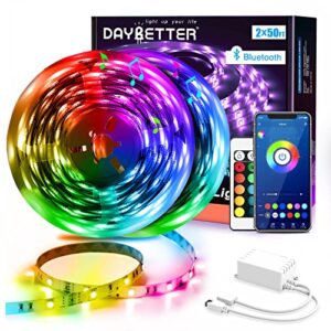 daybetter led strip lights 100ft (2 rolls of 50ft) smart light strips with app control remote, 5050 rgb led lights for bedroom, music sync color changing lights for room party