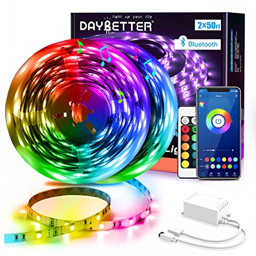 DAYBETTER Led Strip Lights 100ft (2 Rolls of 50ft) Smart Light Strips with App Control Remote, 5050 RGB Led Lights for Bedroom, Music Sync Color Changing Lights for Room Party