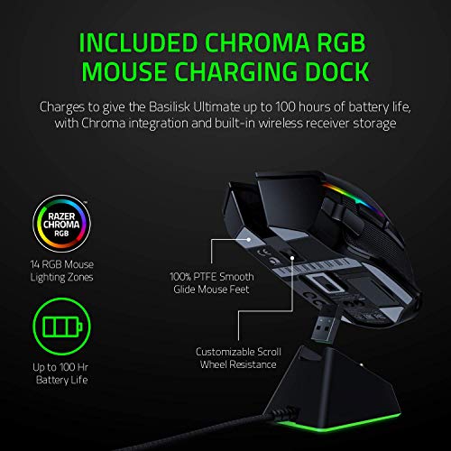 Razer Basilisk Ultimate HyperSpeed Wireless Gaming Mouse w/ Charging Dock: Fastest Gaming Mouse Switch - 20K DPI Optical Sensor - Chroma RGB - 11 Programmable Buttons - 100 Hr Battery - Classic Black