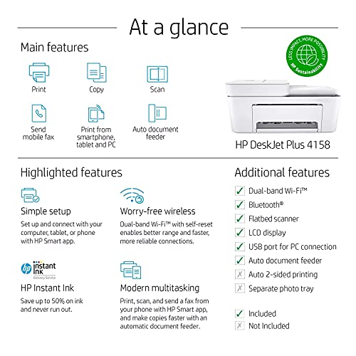 HP DeskJet Plus 4158 All-in-One Wireless Printer, Scan, Copy, Instant Ink Ready, 7FS76A (Renewed)