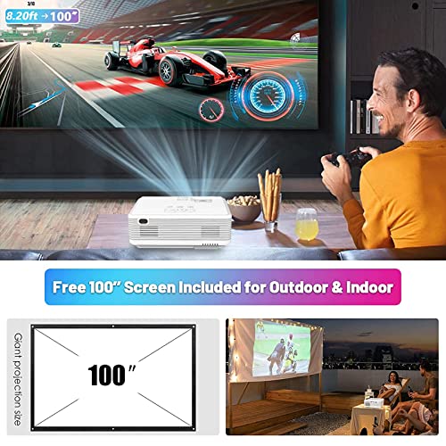 WiFi Projector with 100’’ Projector Screen, 9000Lux Projector for Outdoor Movies 1080P Full HD Supported Mini Portable Projector Compatible with Smartphone TV Stick HDMI USB AV AUX