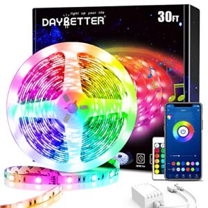 daybetter smart led lights 30ft, 5050 rgb led strip lights kits with 24 keys remote, app control timer schedule led music strip lights