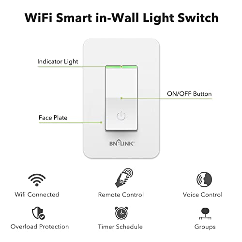 BN-LINK WiFi Smart in-Wall Light Switch, No Hub Required with Timer Function, White, Compatible with Alexa and Google Assistant, Neutral Wire Needed, 2.4 Ghz Network Only (4 Pack)