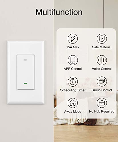 GHome Smart Switch, 2.4Ghz Wi-Fi Switch Works with Alexa, Google Assistant Single-Pole,Neutral Wire Required,UL Certified,Remote/Voice Control and Schedule, No Hub Required, (2 Pack)