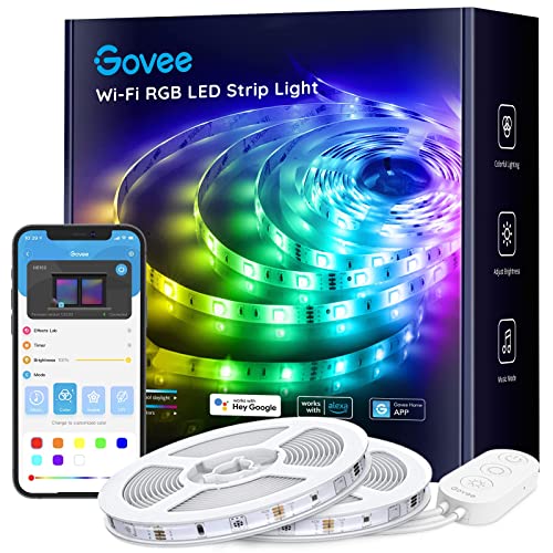 Govee Smart WiFi LED Strip Lights, 32.8ft RGB Light Strips Work with Alexa & Google Home, App Control Music Sync Lights with Protective Coating, Led Lights for Bedroom, Kitchen, Party, Ceiling