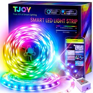 tjoy 50ft smart led strip lights for bedroom, alexa led light strip,5050 rgb color changing music sync led lights strip with app remote,multi-color wireless led lights for bedroom (app+remote+voice)