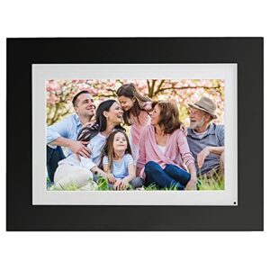 brookstone photoshare 10” smart digital picture frame, send pics from phone to frames, wifi, 8 gb, holds 5,000+ pics, hd touchscreen, premium black wood, easy setup, no fees