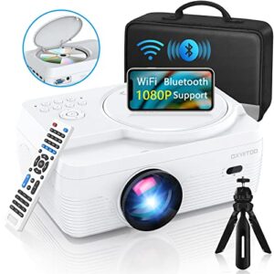 full hd wifi bluetooth projector built in dvd player, 8000lm 1080p supported, portable mini dvd projector for outdoor movies, 250″ home theater, compatible with ios/android/tv stick/ps4/hdmi/usb/tf