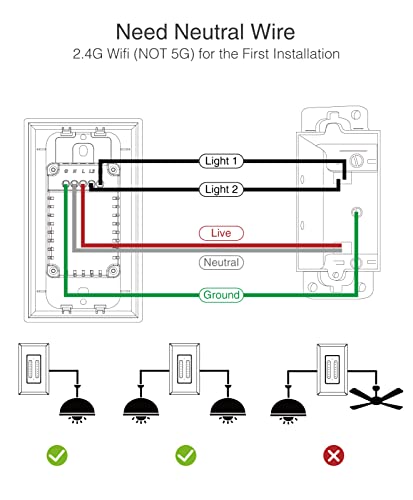 GHome Smart Dual Dimmer Switch Compatible with Alexa Google Home, 2.4GHz Wi-Fi Switch for Dimmable LED CFL INC Light Bulbs, Space Saving, Neutral Wire Required,1 Pack