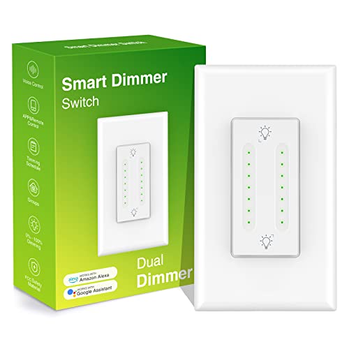 GHome Smart Dual Dimmer Switch Works with Alexa Google Home, Space Saving, 2.4GHz Wi-Fi Switch for Dimmable LED CFL INC Light Bulbs, Neutral Wire Required, Single-Pole (1 Pack)