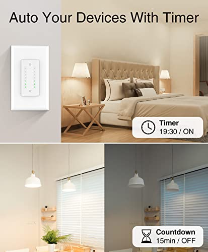 GHome Smart Dual Dimmer Switch Works with Alexa Google Home, Space Saving, 2.4GHz Wi-Fi Switch for Dimmable LED CFL INC Light Bulbs, Neutral Wire Required, Single-Pole (1 Pack)