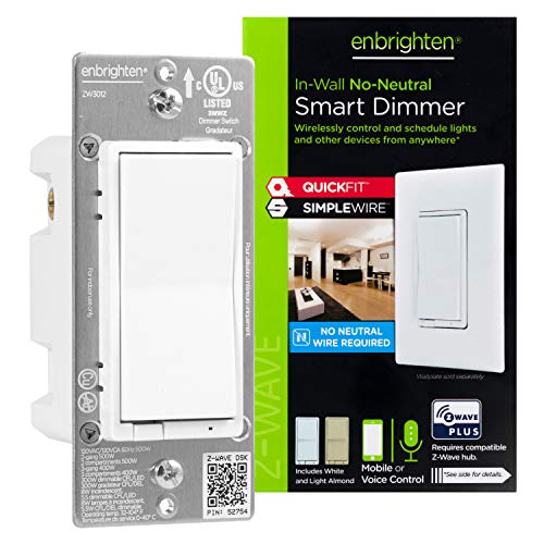 Enbrighten 52252 Z-Wave Plus Smart Light Dimmer with QuickFit and SimpleWire, Compatible with Alexa, Google Assistant, Zwave Hub Required, Repeater/Range Extender, 3-Way, White & Light Almond