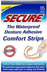 secure comfort strips waterproof denture adhesive – zinc free – extra firm hold for lower dentures – 15 strips