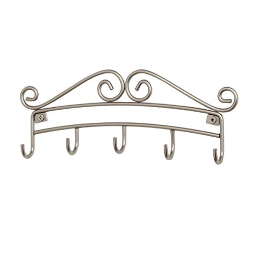 Scroll Wall Mount 5 Hook Key Rack Office Mudroom Entryway Organizer with Hooks for Coats, Leashes, Keys, Scarves and more, Satin Nickel