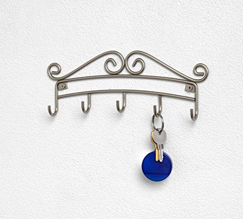 Scroll Wall Mount 5 Hook Key Rack Office Mudroom Entryway Organizer with Hooks for Coats, Leashes, Keys, Scarves and more, Satin Nickel