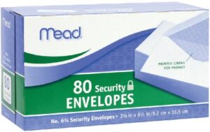 mead #6-3/4 envelopes, security printed lining for privacy, gummed closure, all-purpose 20-lb paper, 3-5/8″ x 6-1/2″, white, 80/box (75212)