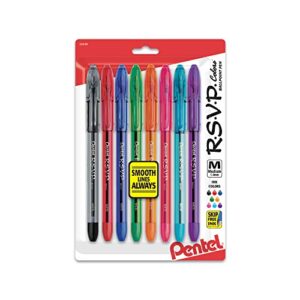 pentel® r.s.v.p.® ballpoint pens, medium point, 1.0 mm, clear barrel, assorted ink colors, pack of 8