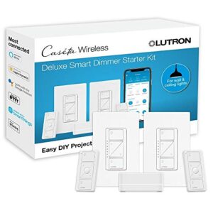 lutron caséta deluxe smart dimmer switch (2 count) kit with caséta smart hub | works with alexa, apple homekit, ring, google assistant | p-bdg-pkg2w-a | white