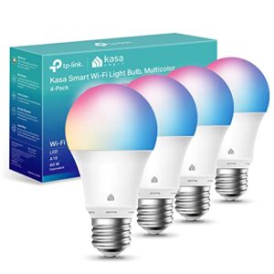 kasa smart light bulbs, full color changing dimmable smart wifi bulbs compatible with alexa and google home, a19, 9w 800 lumens,2.4ghz only, no hub required, 4-pack, multicolor (kl125p4)