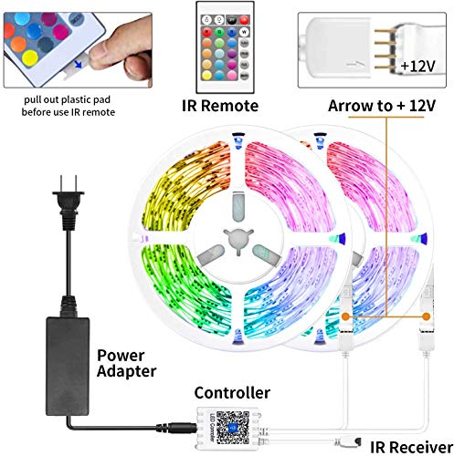 100ft Bluetooth LED Strip Lights, SMD5050 Music Sync LED Lights Strip, RGB Color Changing LED Lights with Remote,Smart Phone APP Control, LED Lights for Bedroom,TV,Room DIY (APP+Remote +Mic/50ftx2)