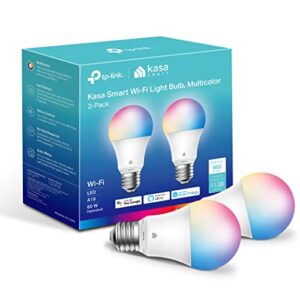 kasa smart light bulbs, full color changing dimmable smart wifi bulbs compatible with alexa and google home, a19, 9w 800 lumens,2.4ghz only, no hub required, 2-pack (kl125p2), multicolor