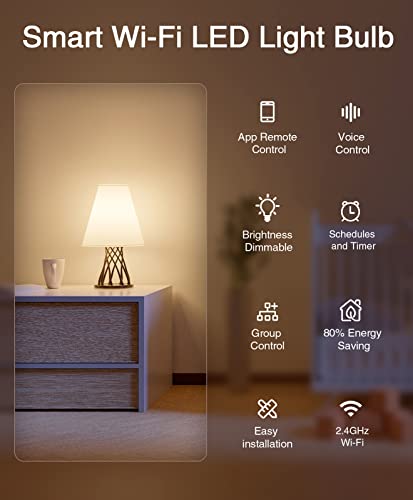 GHome Smart Light Bulbs, E26 A19 LED Bulb Compatible with Alexa & Google Home, App Remote Control, 8W Dimmable 2700K Warm White 800 Lumens, 2.4GHz WiFi, No Hub Required, 6 Pack