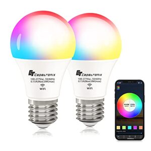 alexa light bulb, led light bulb, smart bulb, work with alexa google echo dot(no hub required), wifi color changing light bulb, rgbcw a19 e26 equivalent 60w, dimmable 2.4ghz only, 2 pack ct capetronix