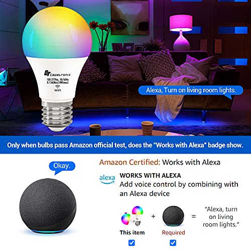 Alexa Light Bulb, LED Light Bulb, Smart Bulb, Work with Alexa Google Echo Dot(No Hub Required), WiFi Color Changing Light Bulb, RGBCW A19 E26 Equivalent 60W, Dimmable 2.4Ghz only, 2 Pack CT CAPETRONIX