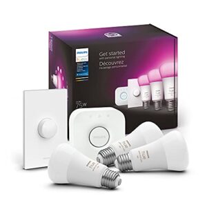 philips hue white and color ambiance medium lumen (75w) smart button starter kit, hub included, 16 millions colors, works with amazon alexa, google assistant, apple homekit (new version)